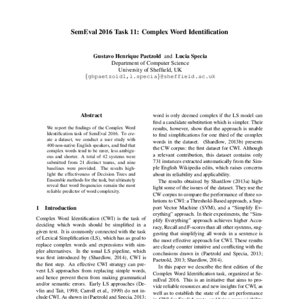 SemEval 2016 Task 11: Complex Word Identification - ACL Anthology