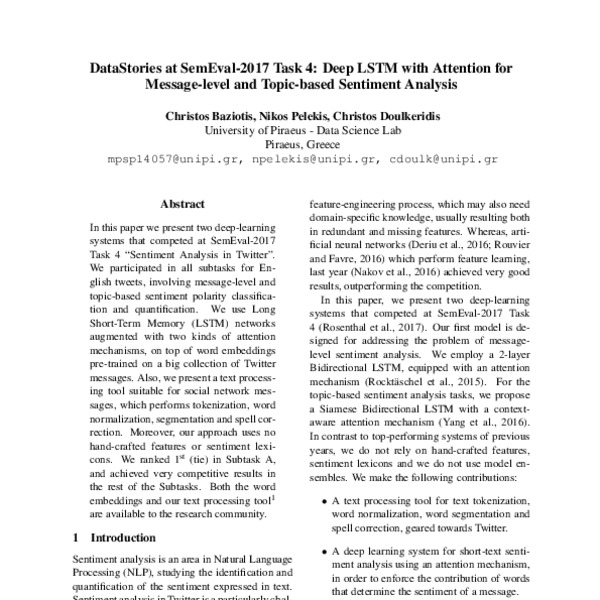 DataStories at SemEval-2017 Task 4: Deep LSTM with Attention for Message-level and Topic-based ...