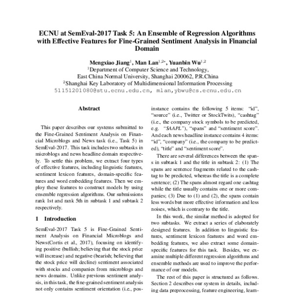 ECNU at SemEval-2017 Task 5: An Ensemble of Regression Algorithms with Effective Features for ...