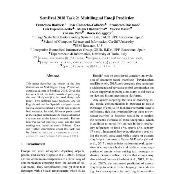SemEval 2018 Task 2: Multilingual Emoji Prediction - ACL Anthology