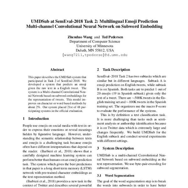 UMDSub at SemEval-2018 Task 2: Multilingual Emoji Prediction Multi-channel Convolutional Neural ...