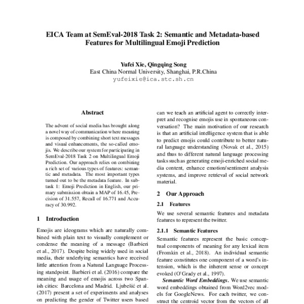 EICA Team at SemEval-2018 Task 2: Semantic and Metadata-based Features for Multilingual Emoji ...