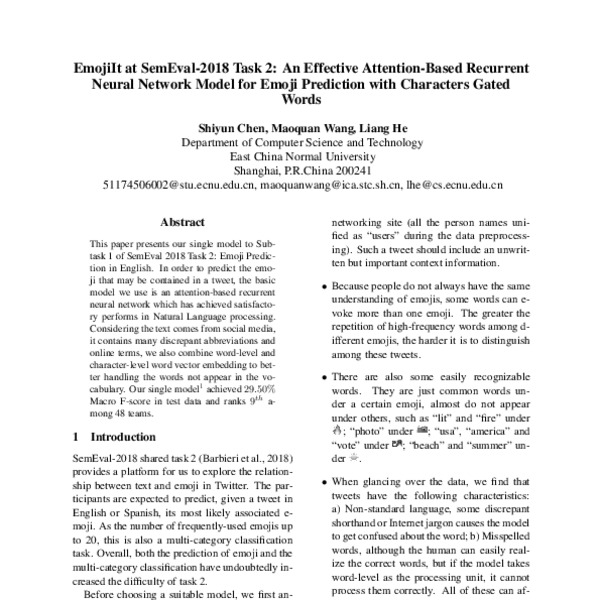 EmojiIt at SemEval-2018 Task 2: An Effective Attention-Based Recurrent Neural Network Model for ...