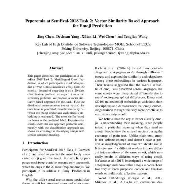 Peperomia at SemEval-2018 Task 2: Vector Similarity Based Approach for Emoji Prediction - ACL ...