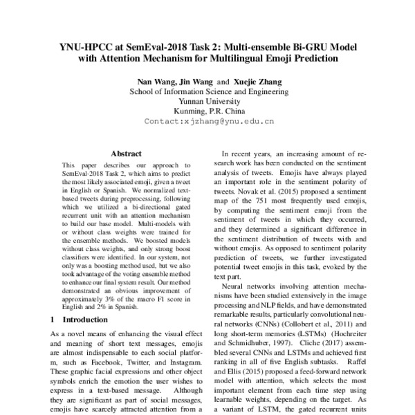 YNU-HPCC at SemEval-2018 Task 2: Multi-ensemble Bi-GRU Model with Attention Mechanism for ...