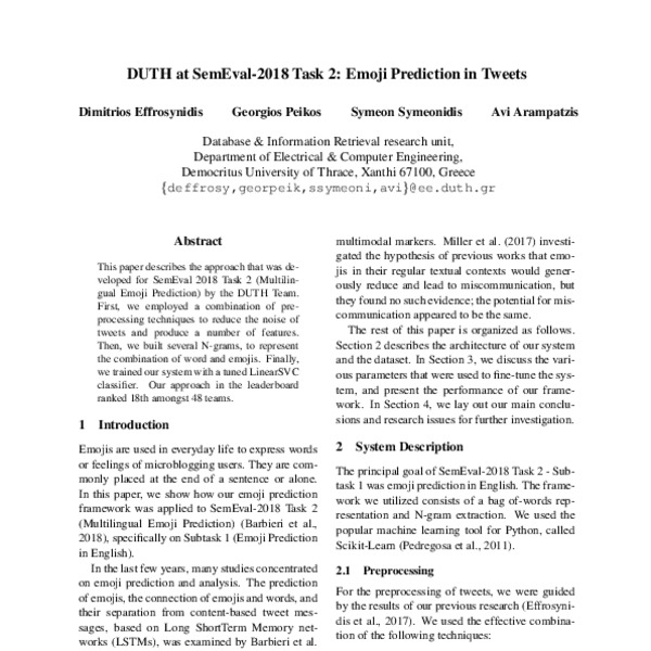 DUTH at SemEval-2018 Task 2: Emoji Prediction in Tweets - ACL Anthology