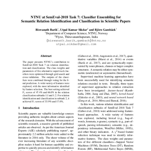 NTNU At SemEval 2018 Task 7 Classifier Ensembling For Semantic