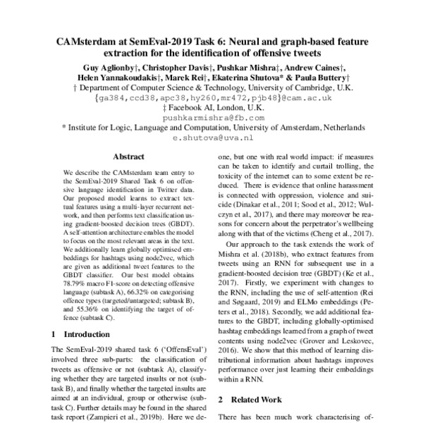 CAMsterdam at SemEval-2019 Task 6: Neural and graph-based feature extraction for the ...