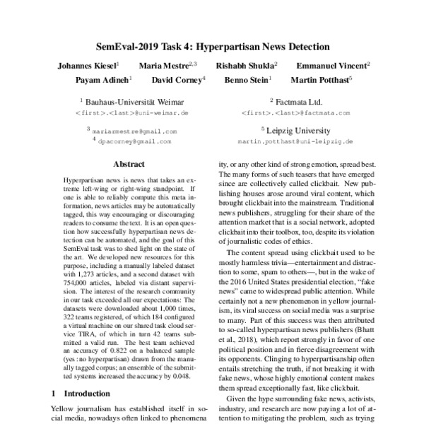 SemEval-2019 Task 4: Hyperpartisan News Detection - ACL Anthology
