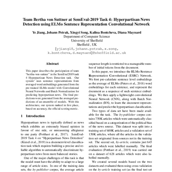 Team Bertha von Suttner at SemEval-2019 Task 4: Hyperpartisan News ...