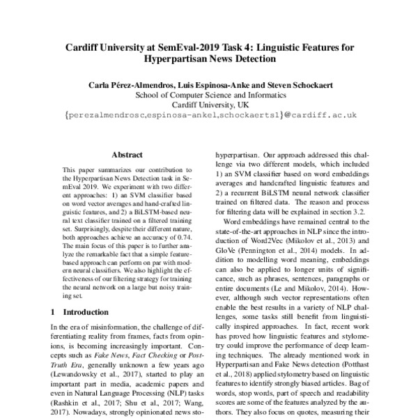 Cardiff University at SemEval-2019 Task 4: Linguistic Features for ...