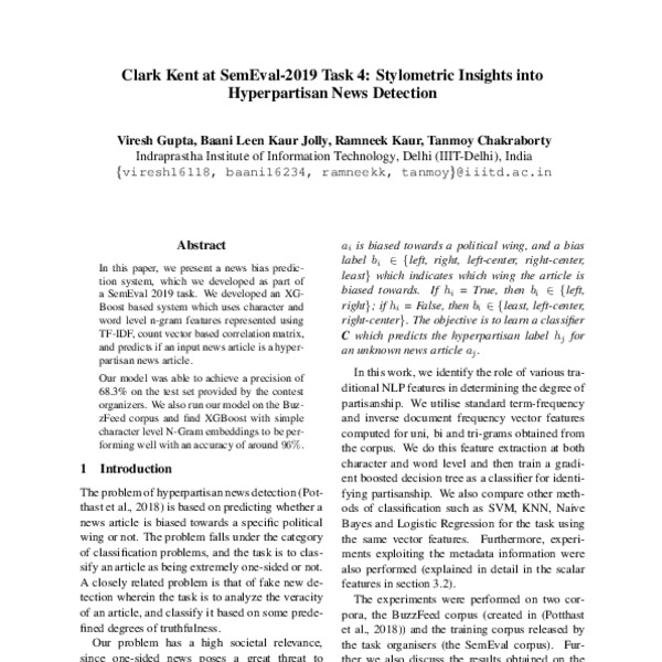 Clark Kent at SemEval-2019 Task 4: Stylometric Insights into ...