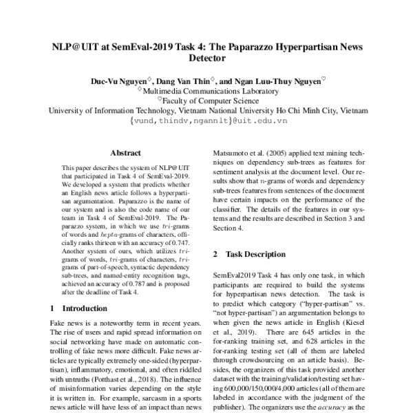 NLP@UIT at SemEval-2019 Task 4: The Paparazzo Hyperpartisan News ...