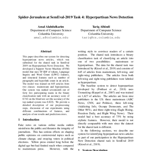 Spider-Jerusalem at SemEval-2019 Task 4: Hyperpartisan News Detection ...