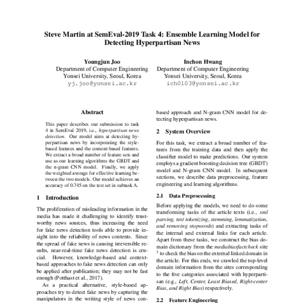 Steve Martin at SemEval-2019 Task 4: Ensemble Learning Model for ...
