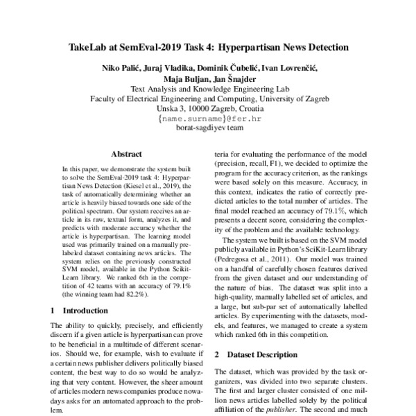 TakeLab at SemEval-2019 Task 4: Hyperpartisan News Detection - ACL ...
