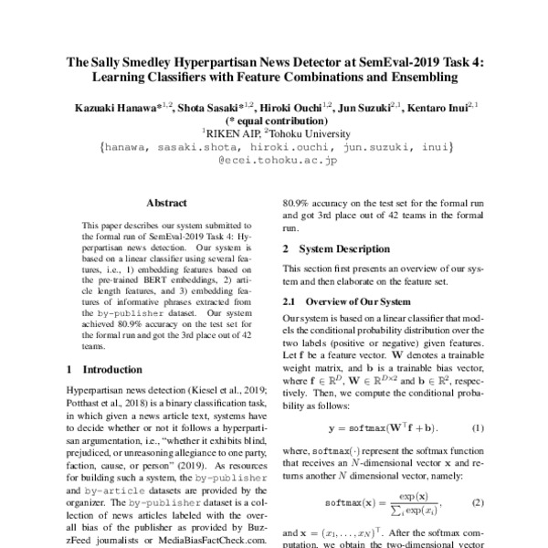 The Sally Smedley Hyperpartisan News Detector at SemEval-2019 Task 4 ...