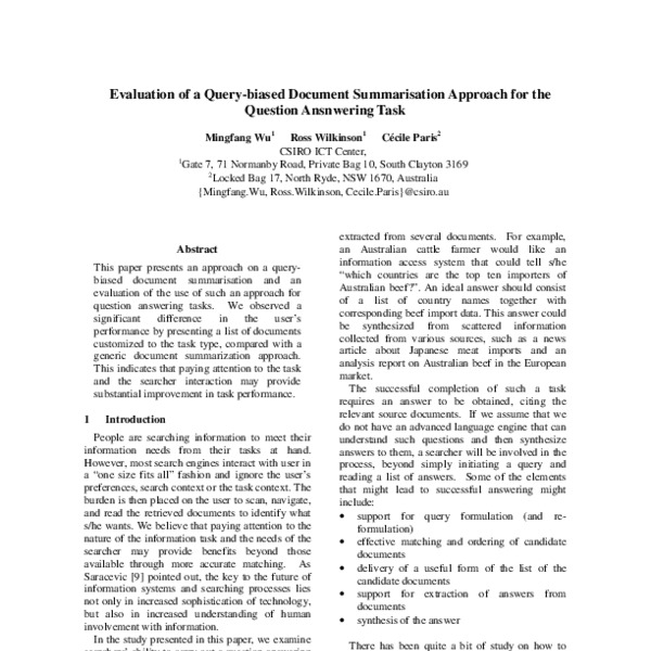 An Evaluation on Query-biased Summarisation for the Question Answering ...