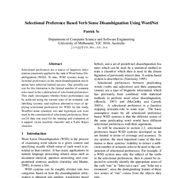 Selection Preference Basede Verb Sense Disambiguation Using WordNet - ACL Anthology
