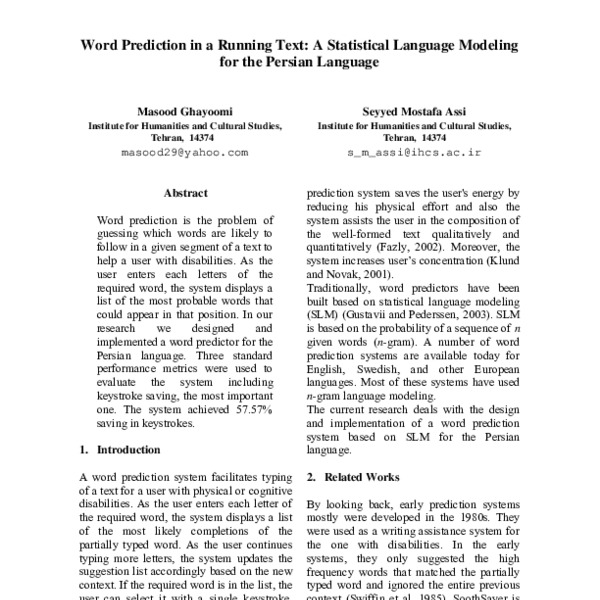 Word Prediction In A Running Text A Statistical Language Modeling For