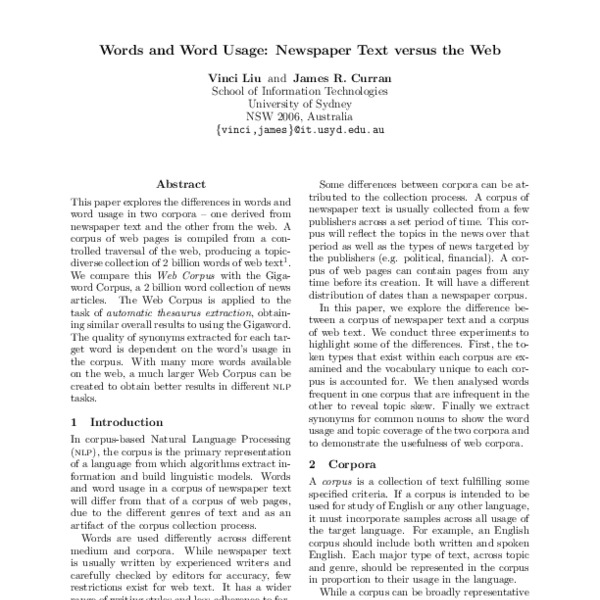 Words and Word Usage: Newspaper Text versus the Web - ACL Anthology