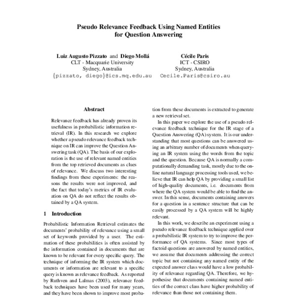 Pseudo Relevance Feedback Using Named Entities for Question Answering ...