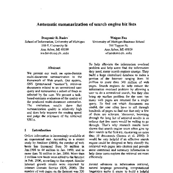 Automatic Summarization Of Search Engine Hit Lists ACL Anthology