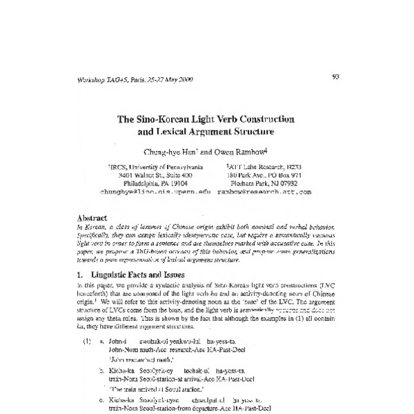 The Sino-Korean light verb construction and lexical argument structure - ACL Anthology