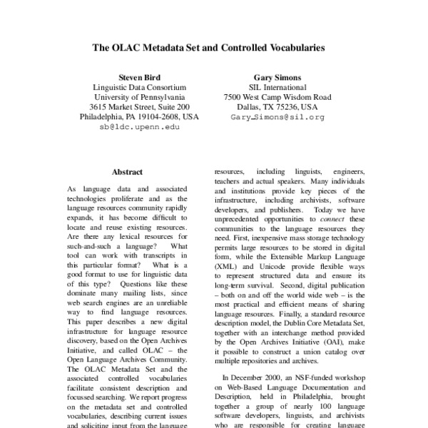 The OLAC Metadata Set and Controlled Vocabularies - ACL Anthology