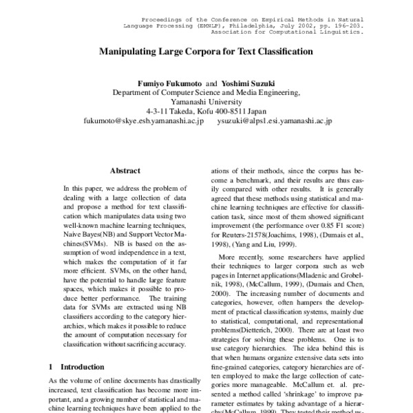 Manipulating Large Corpora for Text Classification - ACL Anthology