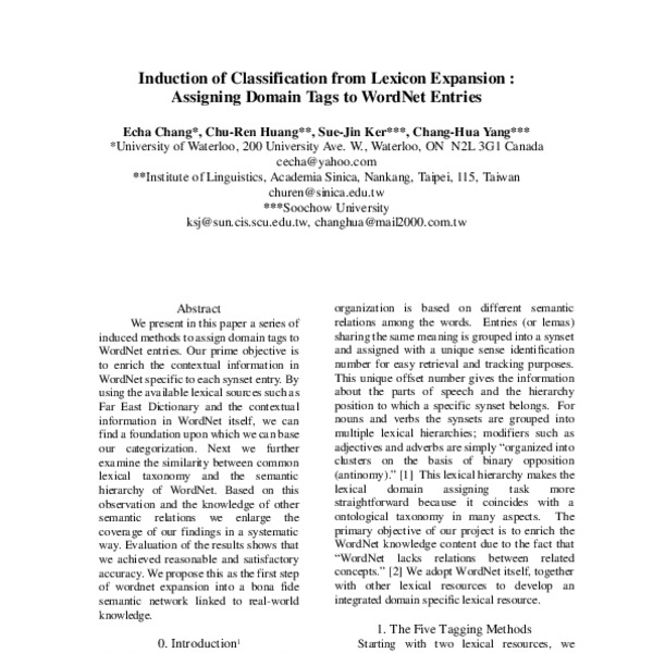 Induction of Classification from Lexicon Expansion: Assigning Domain ...