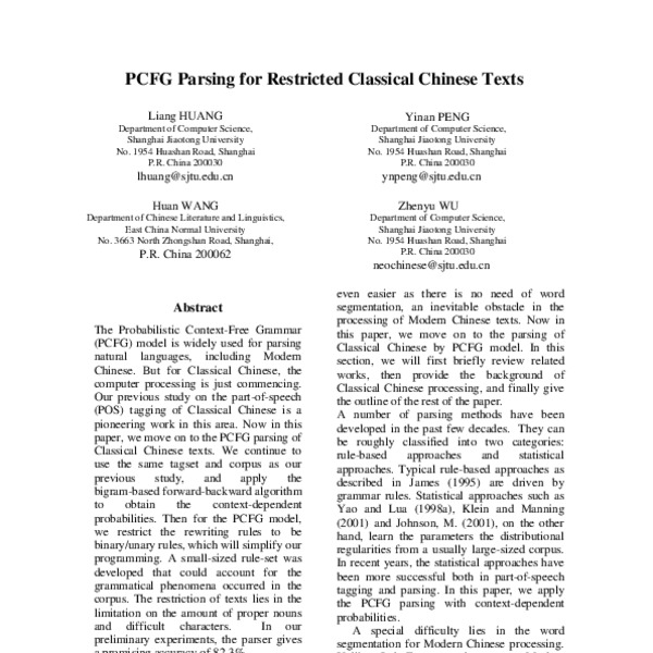 PCFG Parsing for Restricted Classical Chinese Texts - ACL Anthology