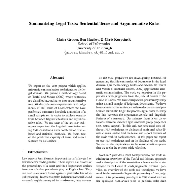 Summarising Legal Texts Sentential Tense And Argumentative Roles ACL 