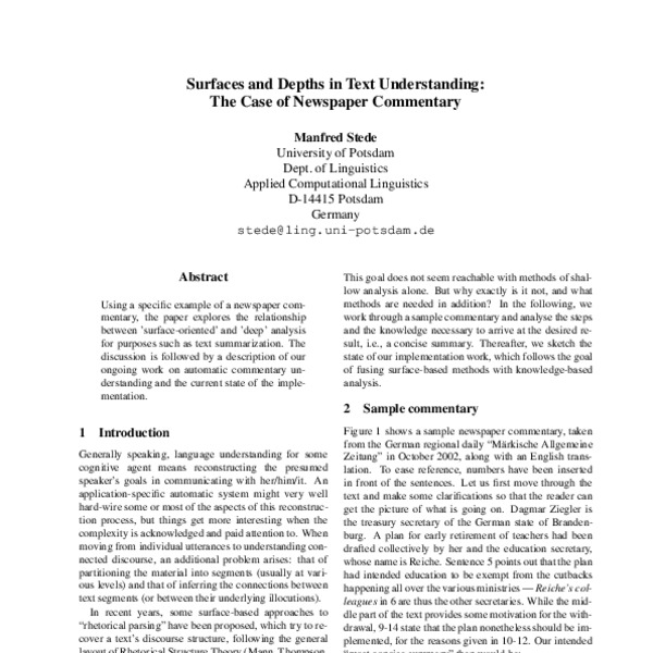 Surfaces and depths in text understanding: The case of newspaper ...