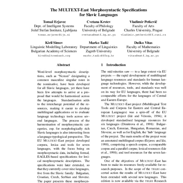 The MULTEXT-East Morphosyntactic Specification for Slavic Languages ...