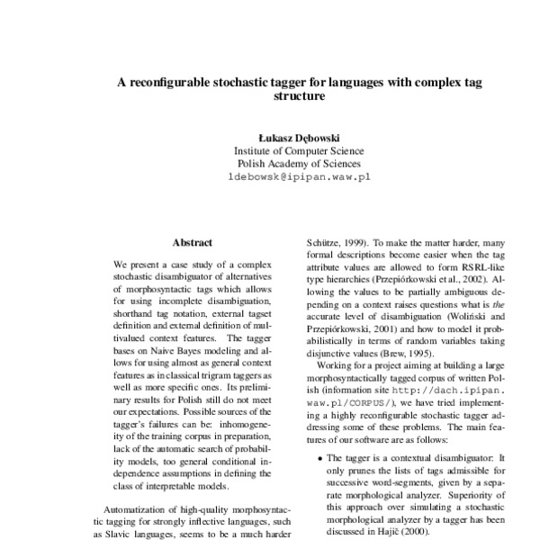 A Reconfigurable Stochastic Tagger for Languages with Complex Tag ...