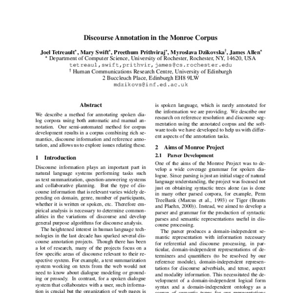 Discourse Annotation In The Monroe Corpus Acl Anthology