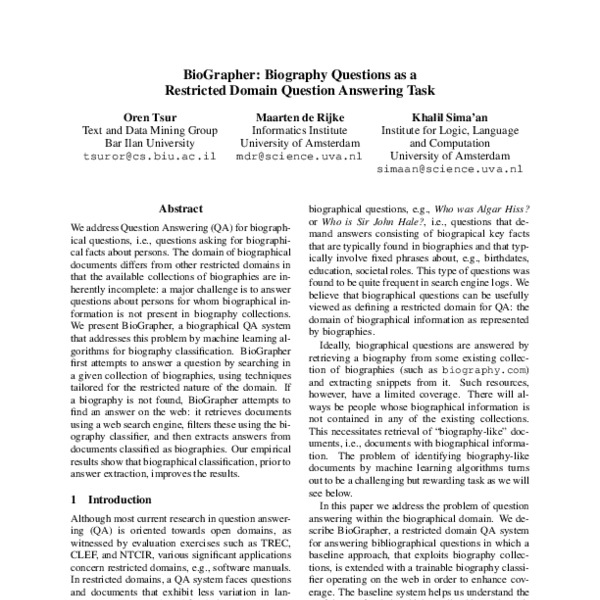 BioGrapher: Biography Questions as a Restricted Domain Question ...