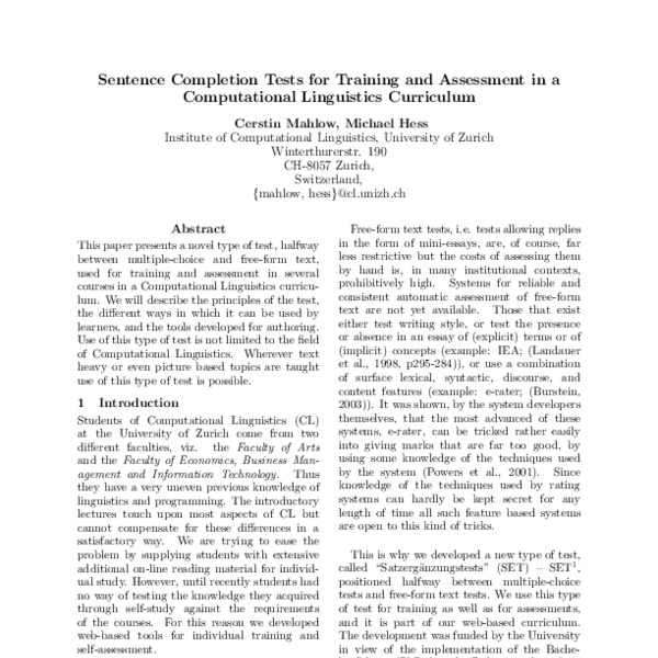 Sentence Completion Tests for Training and Assessment in a ...