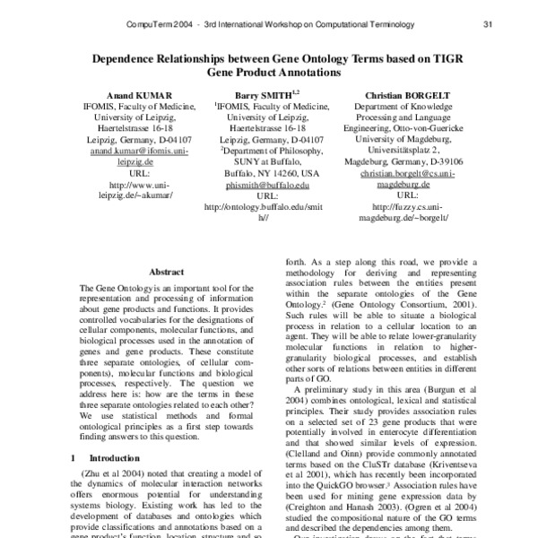 Dependence Relationships between Gene Ontology Terms based on TIGR Gene ...