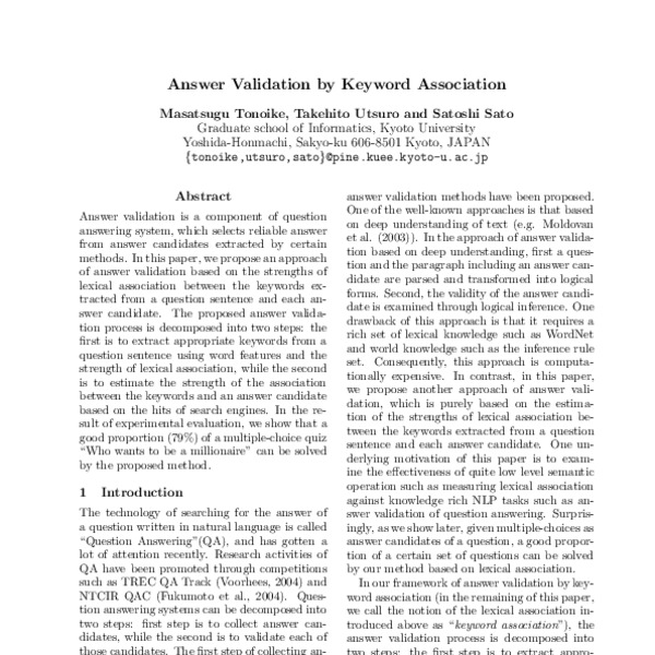 Answer validation by keyword association - ACL Anthology