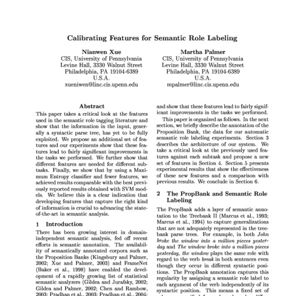 Calibrating Features For Semantic Role Labeling Acl Anthology