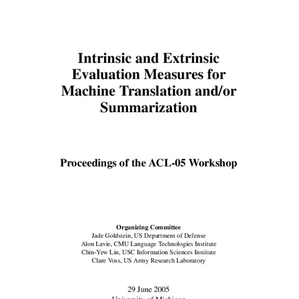 Proceedings Of The Acl Workshop On Intrinsic And Extrinsic Evaluation
