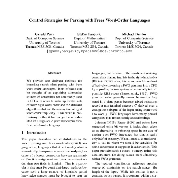 Control Strategies for Parsing with Freer Word-Order Languages - ACL ...