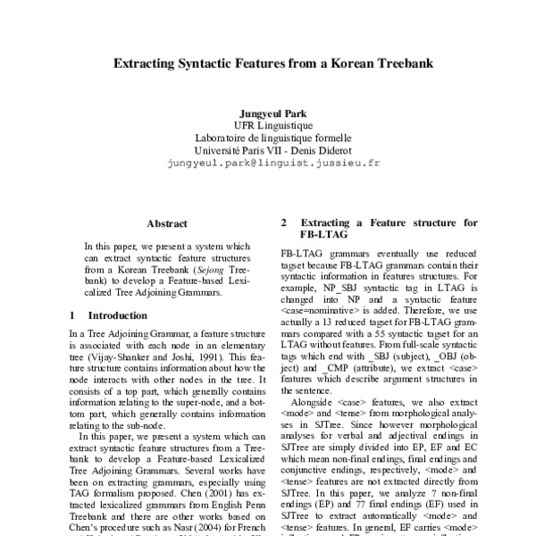 Extracting Syntactic Features from a Korean Treebank - ACL Anthology