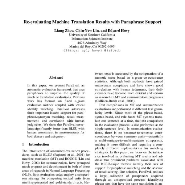 Re-evaluating Machine Translation Results with Paraphrase Support - ACL ...