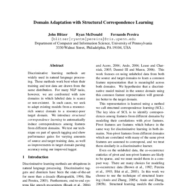 Domain Adaptation with Structural Correspondence Learning - ACL Anthology