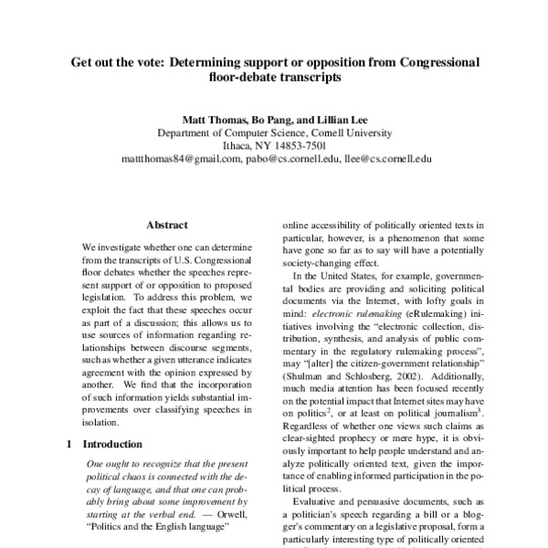 Get out the vote: Determining support or opposition from Congressional ...