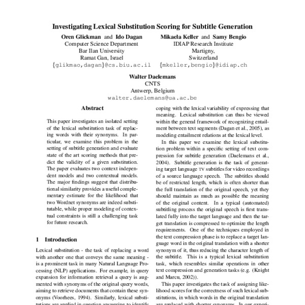 Investigating Lexical Substitution Scoring for Subtitle Generation ...