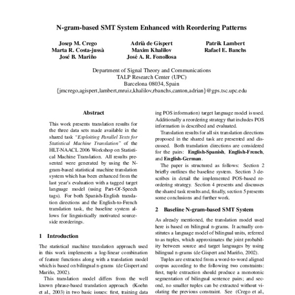 N Gram Based Smt System Enhanced With Reordering Patterns Acl Anthology